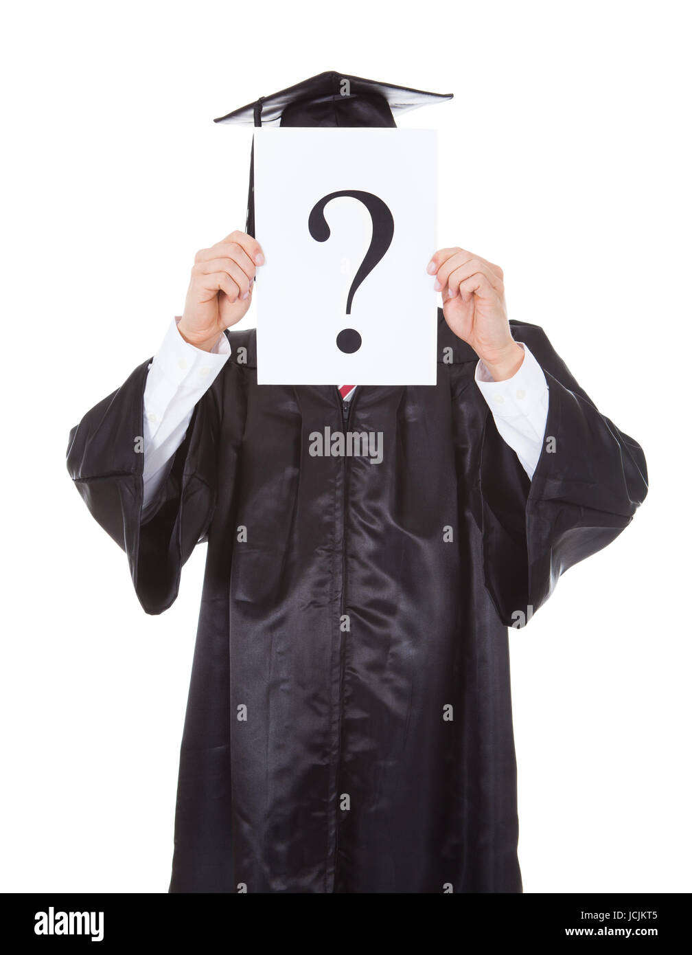 Graduate Person mit Fragezeichen Schild vor Gesicht Over White ...