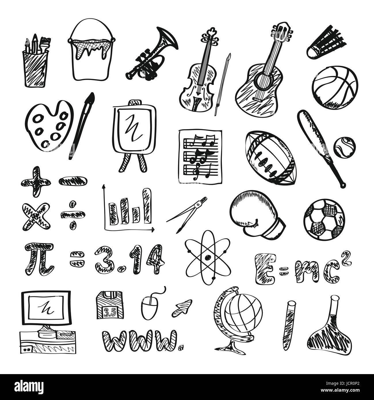 Satz von Schule-Symbol, freihändig zeichnen Stock-Vektorgrafik - Alamy