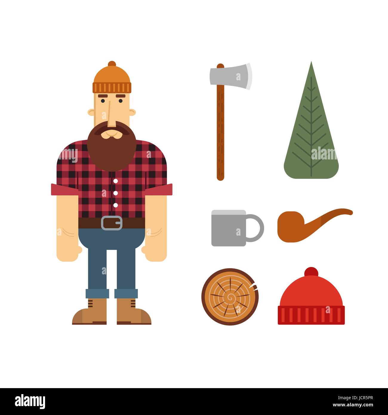 Vektor-Holzfäller-Cartoon-Figur mit Holzfäller-Symbole. Holzfäller ...
