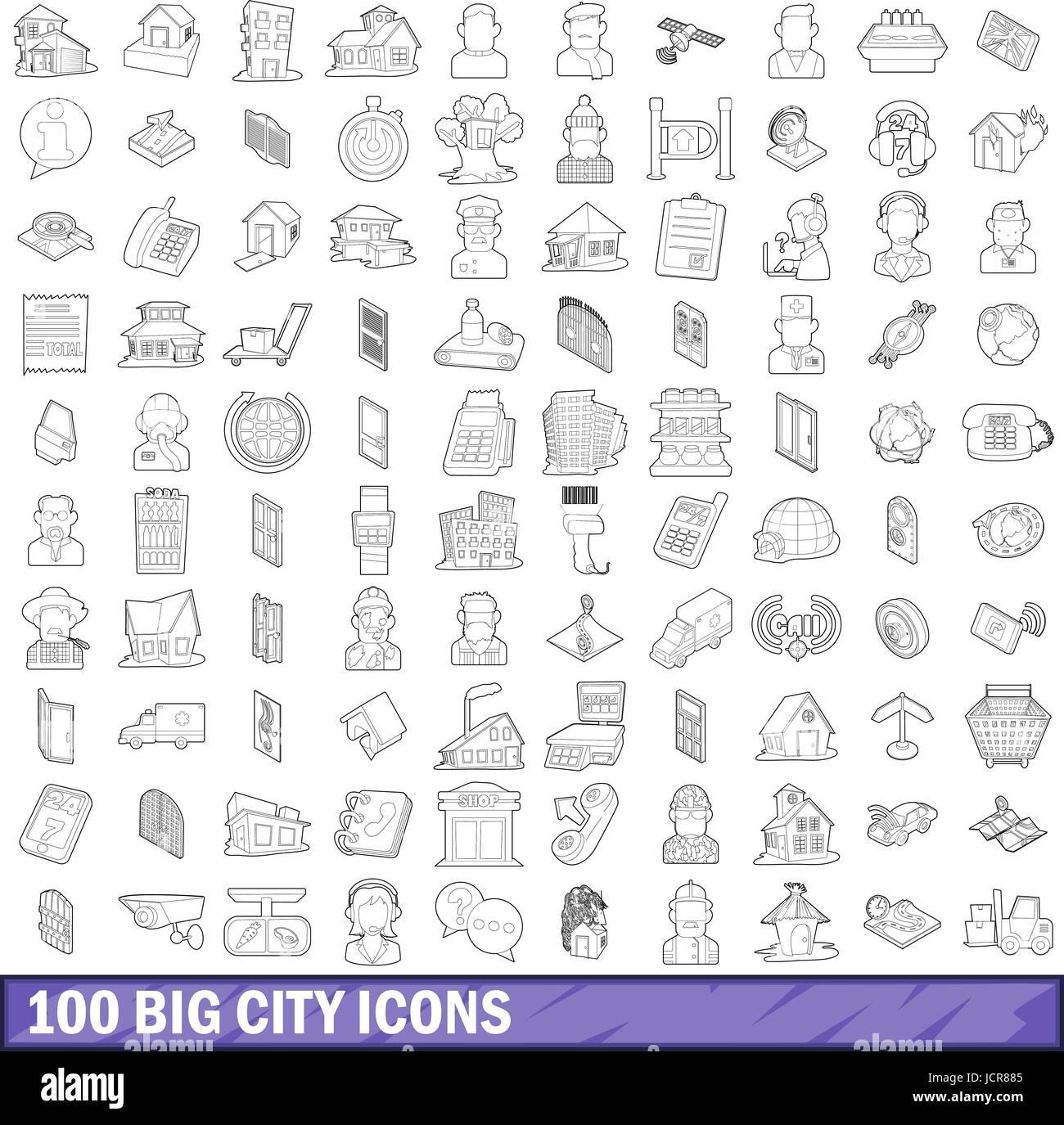 100 große Symbole Stadtset, Umriss-Stil Stock-Vektorgrafik - Alamy