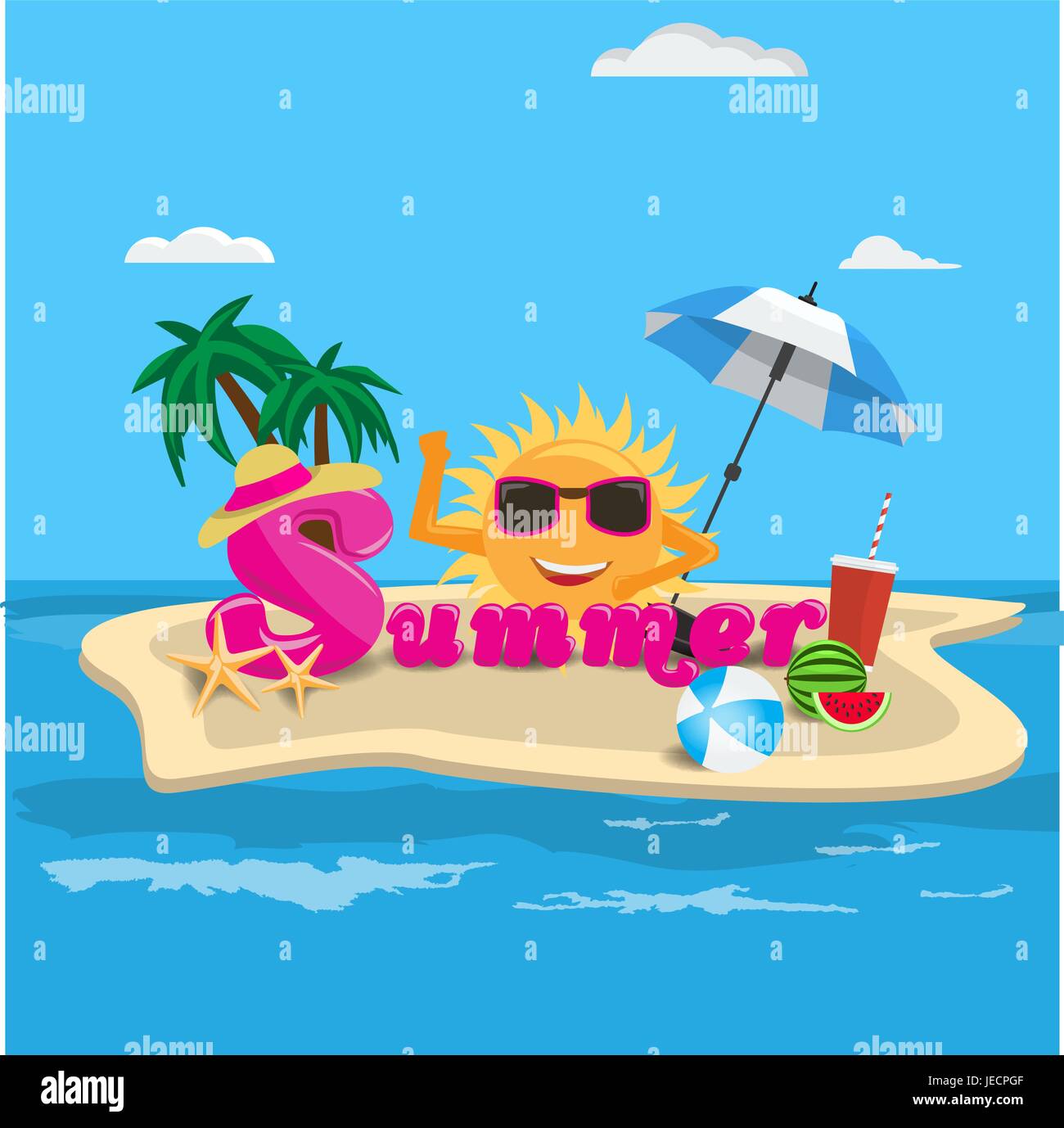 Sommer Vector Banner Design-Konzept mit Cartoon Kalligraphie und Strand ...