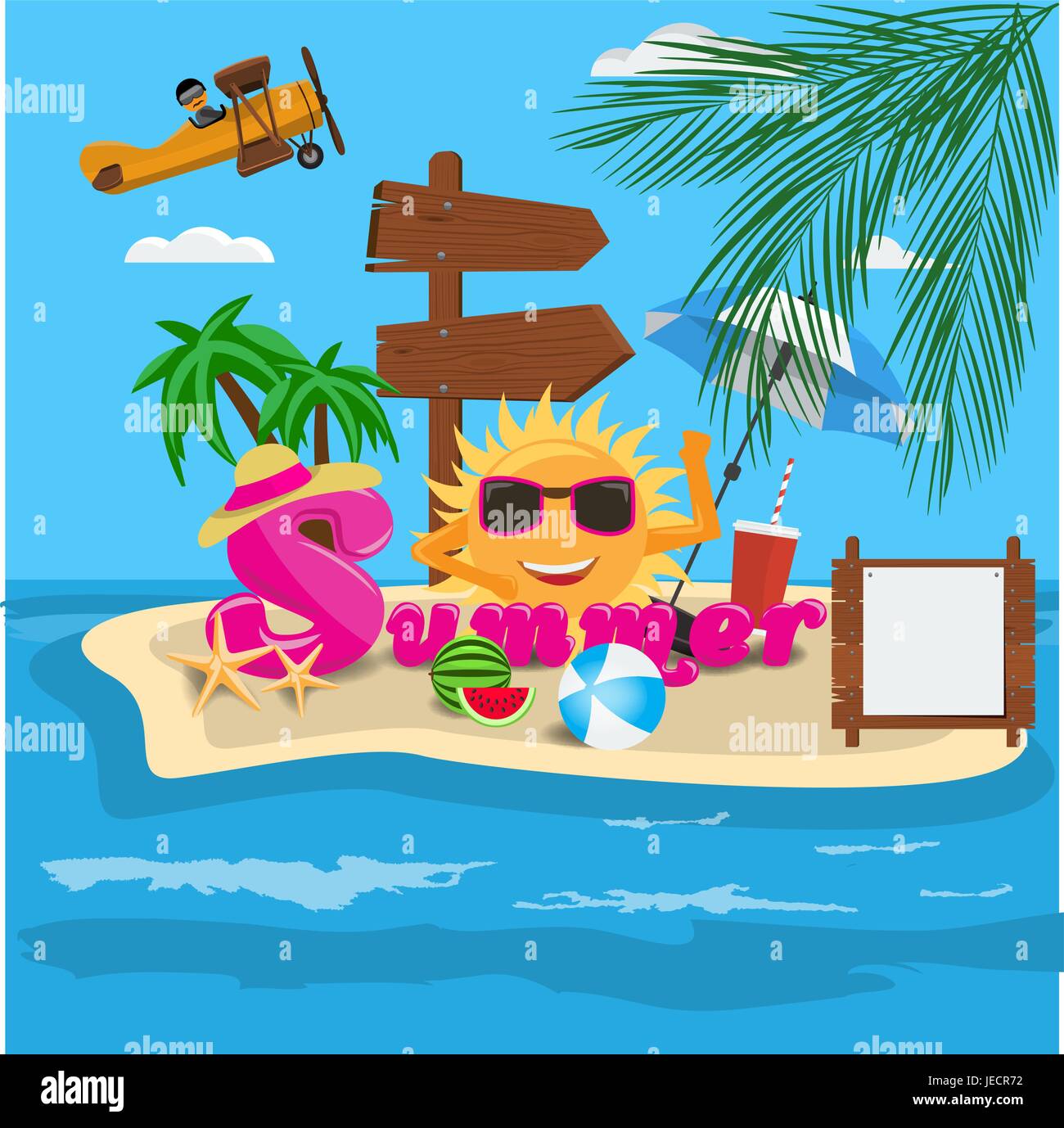 Sommer Vector Banner Design-Konzept mit Cartoon Kalligraphie und Strand ...
