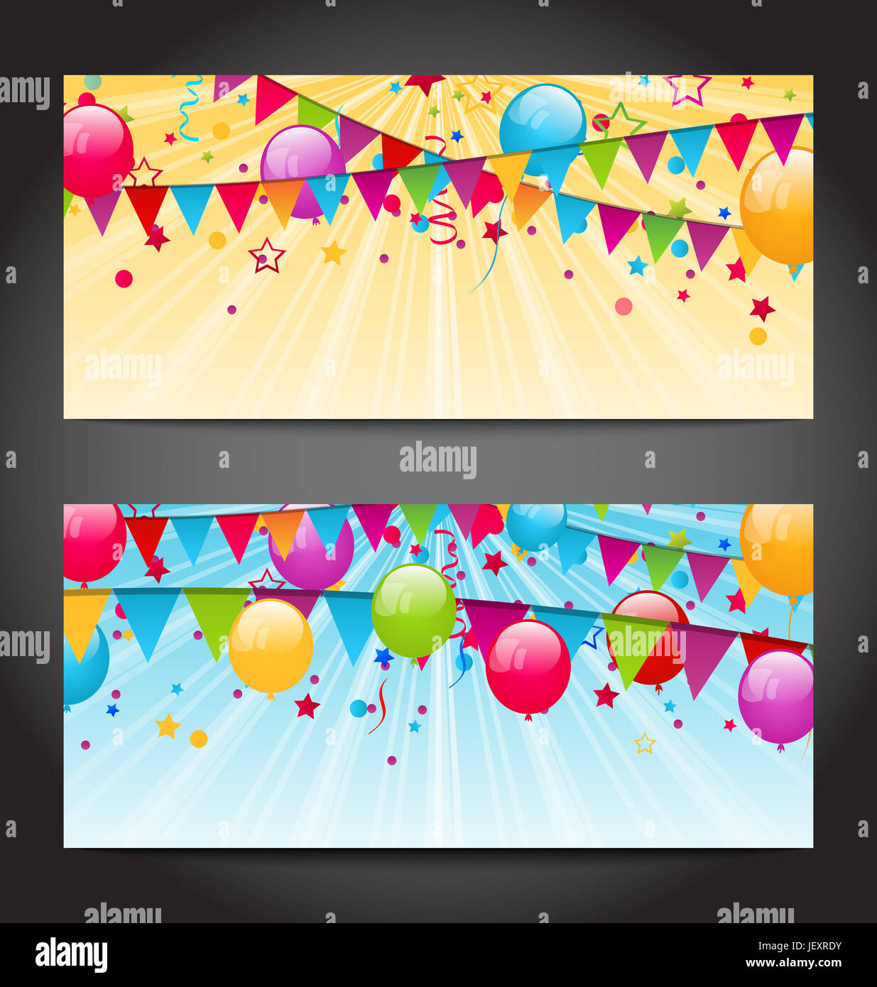 Abbildung abstrakt Banner mit bunten Luftballons, hängenden Fahnen und ...