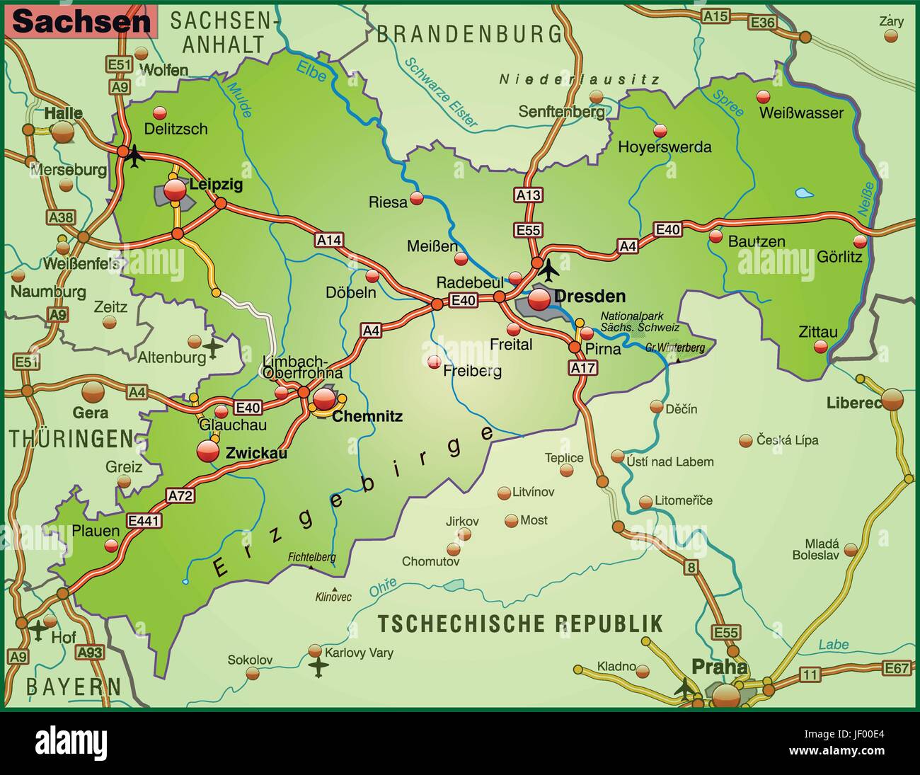 Karte von Sachsen mit Verkehrsnetz Stock-Vektorgrafik - Alamy