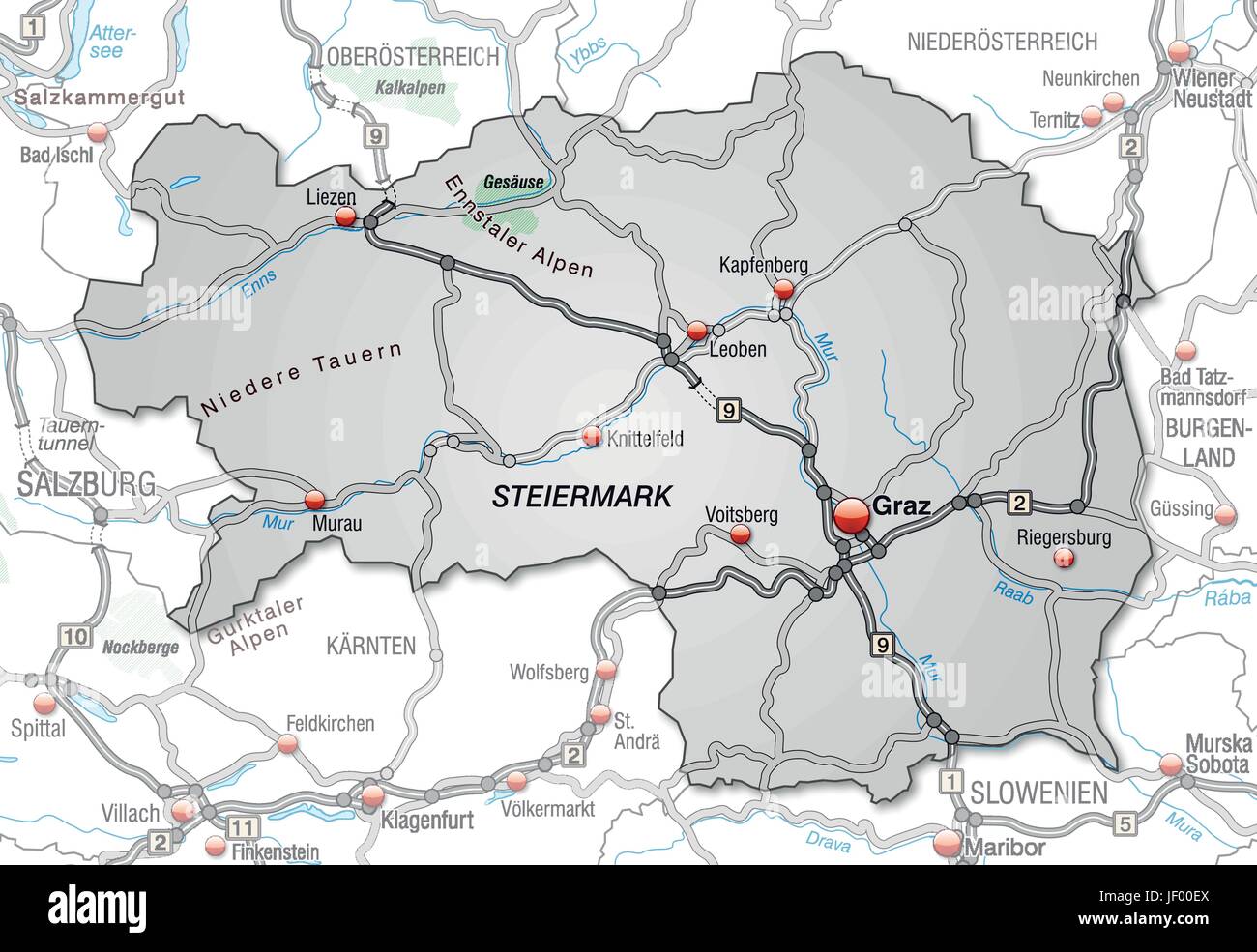 Karte der Steiermark mit Verkehrsnetz in grau Stock-Vektorgrafik - Alamy