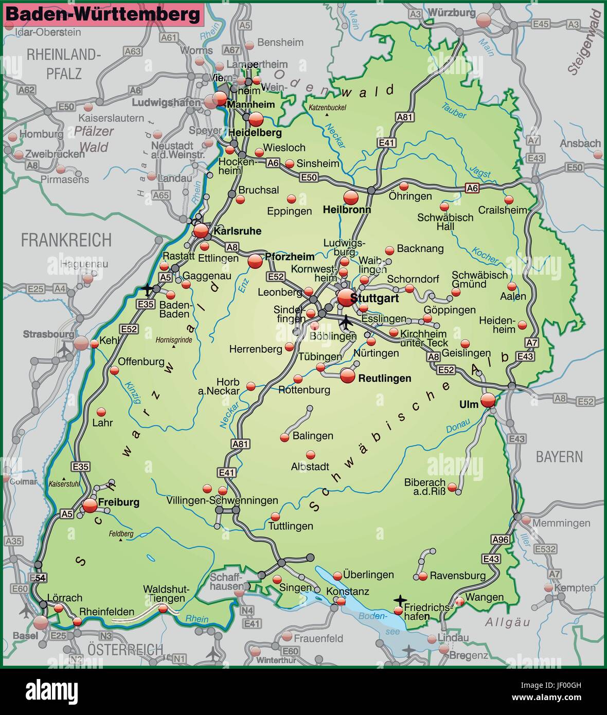 Karte von Baden-Württemberg mit Verkehrsnetz in Pastellgrün Stock ...