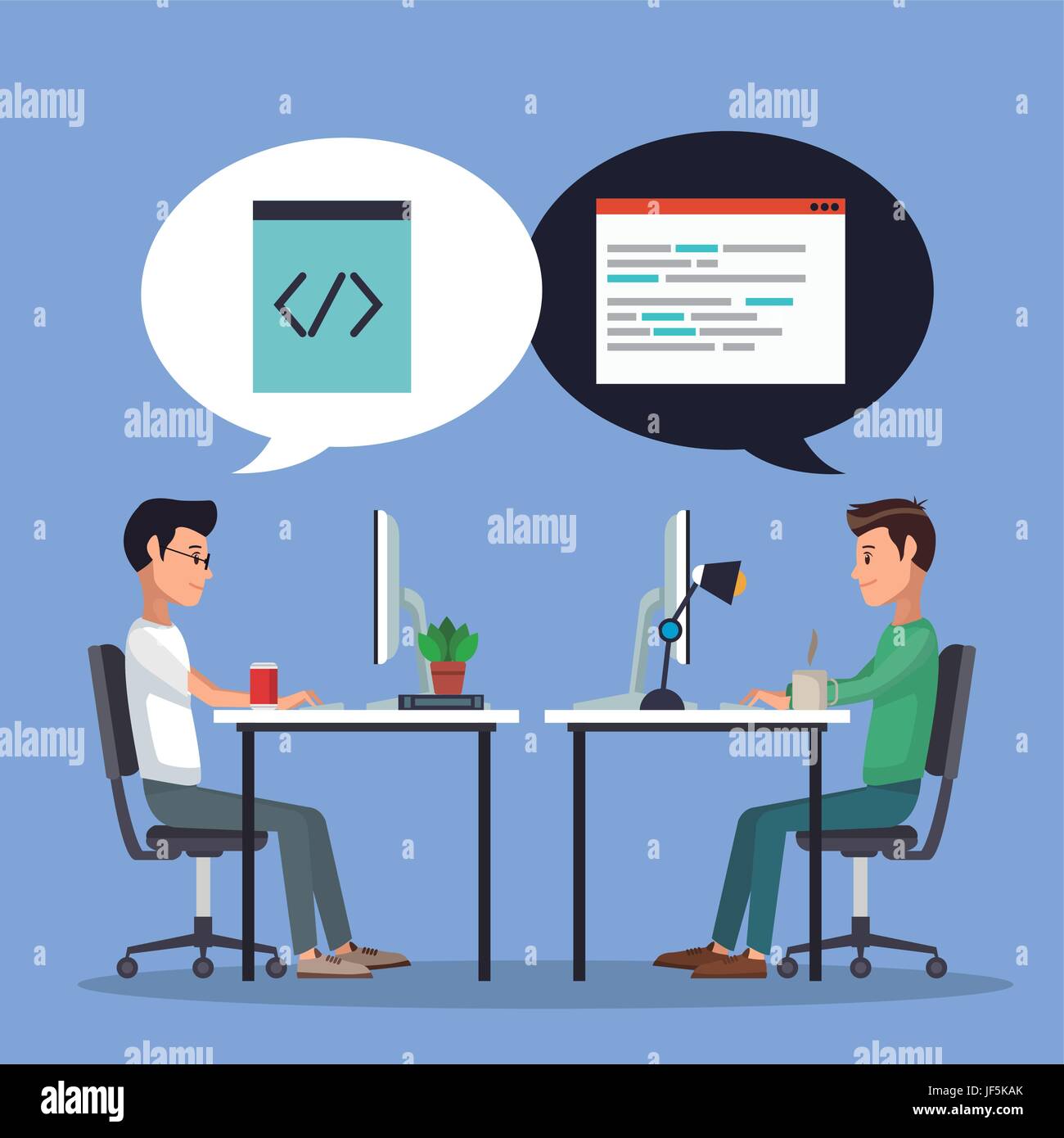 BackgroundWorker Männer Farbe im Schreibtisch mit Computer und Symbole ...