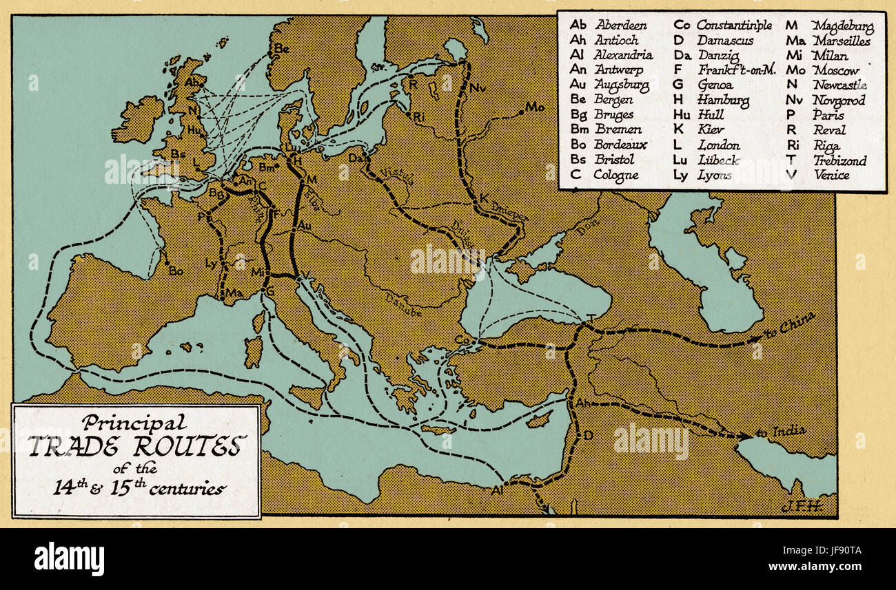 Diese Karte zeigt die wichtigsten Handelswege Europas im 14. und 15 ...
