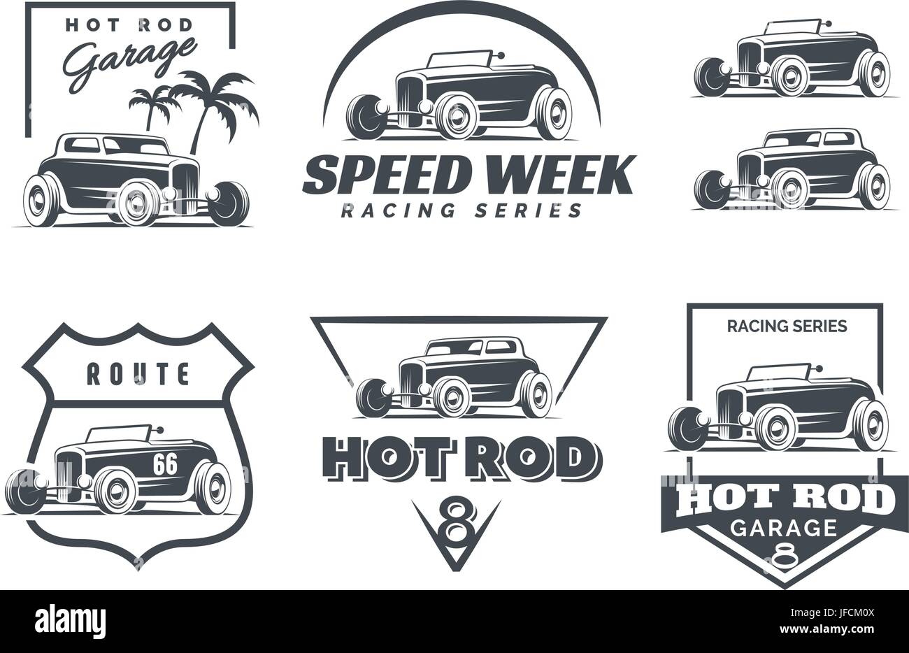 Satz von Hot Rod Logos, Embleme und Symbole. Roadster und Coupe ...