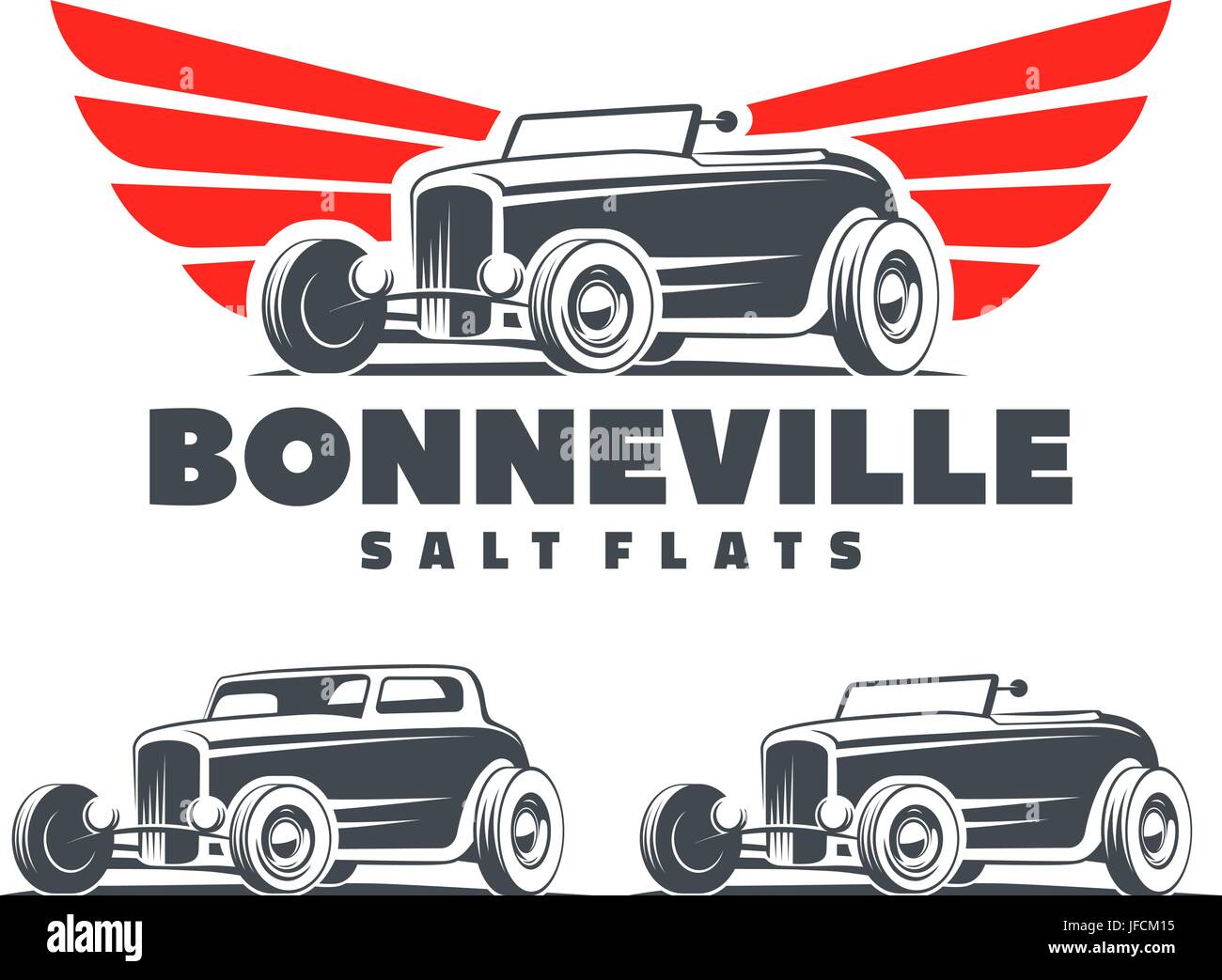 Retro-Hot Rod mit stilisierten Flügel-Logo. Bonneville Salt Flats ...