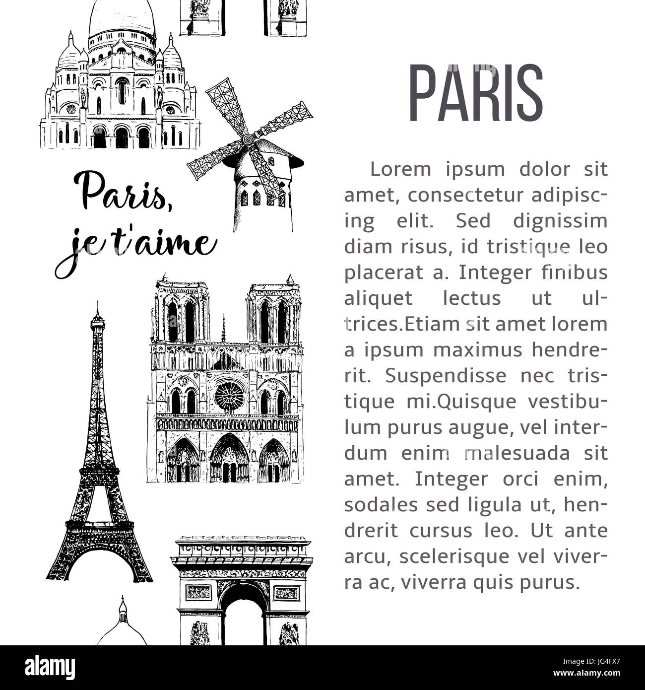 Satz von Paris Symbole. Eiffelturm, Notre Dame, Moulin Rouge etc ...