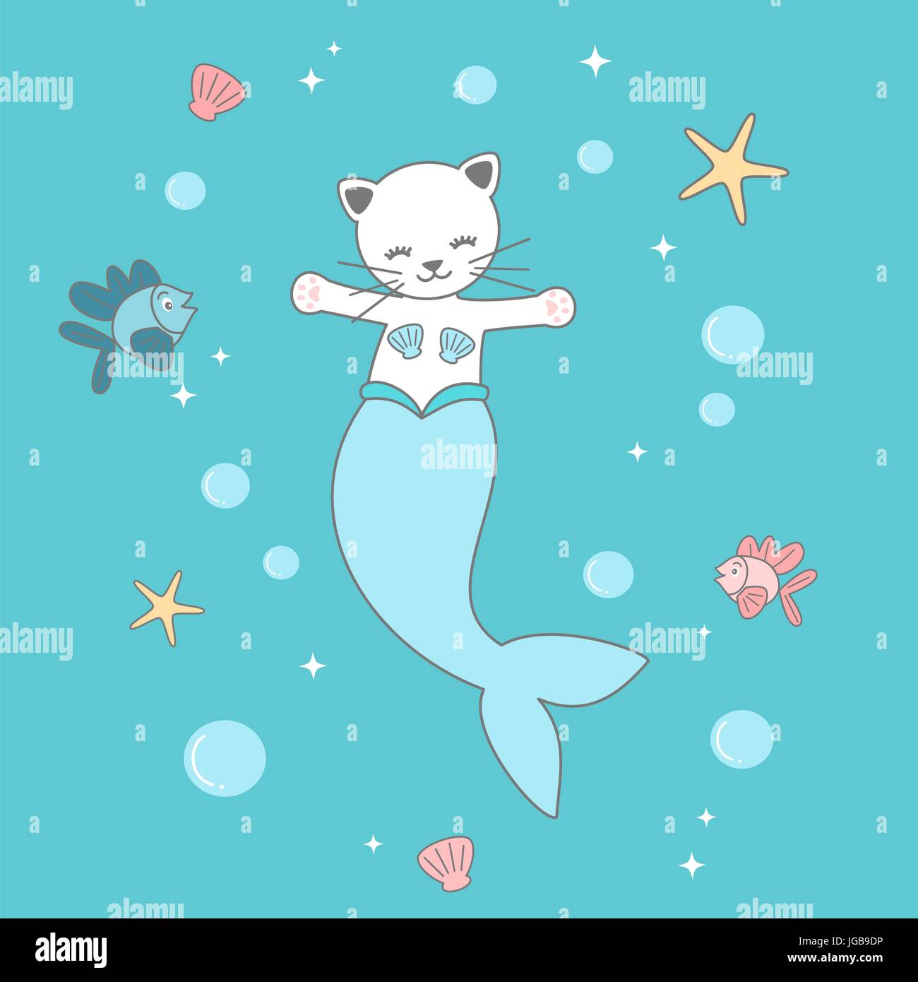 Cute cartoon Nixe Katze unter dem Meer Vektor lustig Abbildung Stock ...