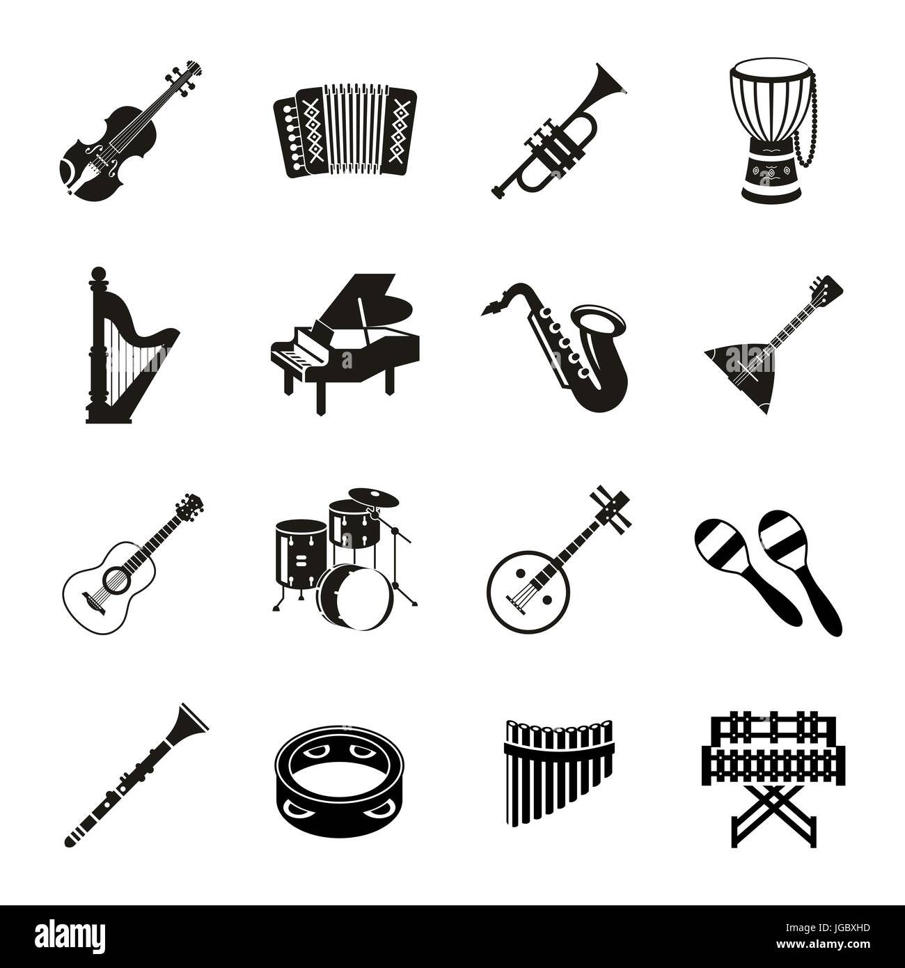 Digitale Vektor schwarze Musik Instrumente-Icons mit gezeichneten ...