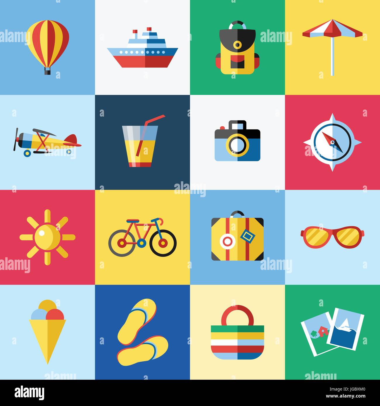 Digitale Vektor Blau roter Strand-Reisen-Icons set mit einfachen ...