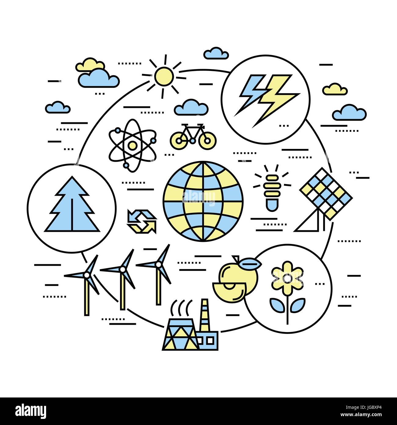 Digitale Vektor gelb blau Ökologie Umwelt-Icons mit gezeichneten ...