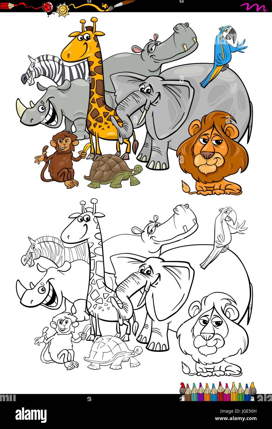 Cartoon Illustration von Safari Tiere Zeichen Coloring Book-Aktivität ...