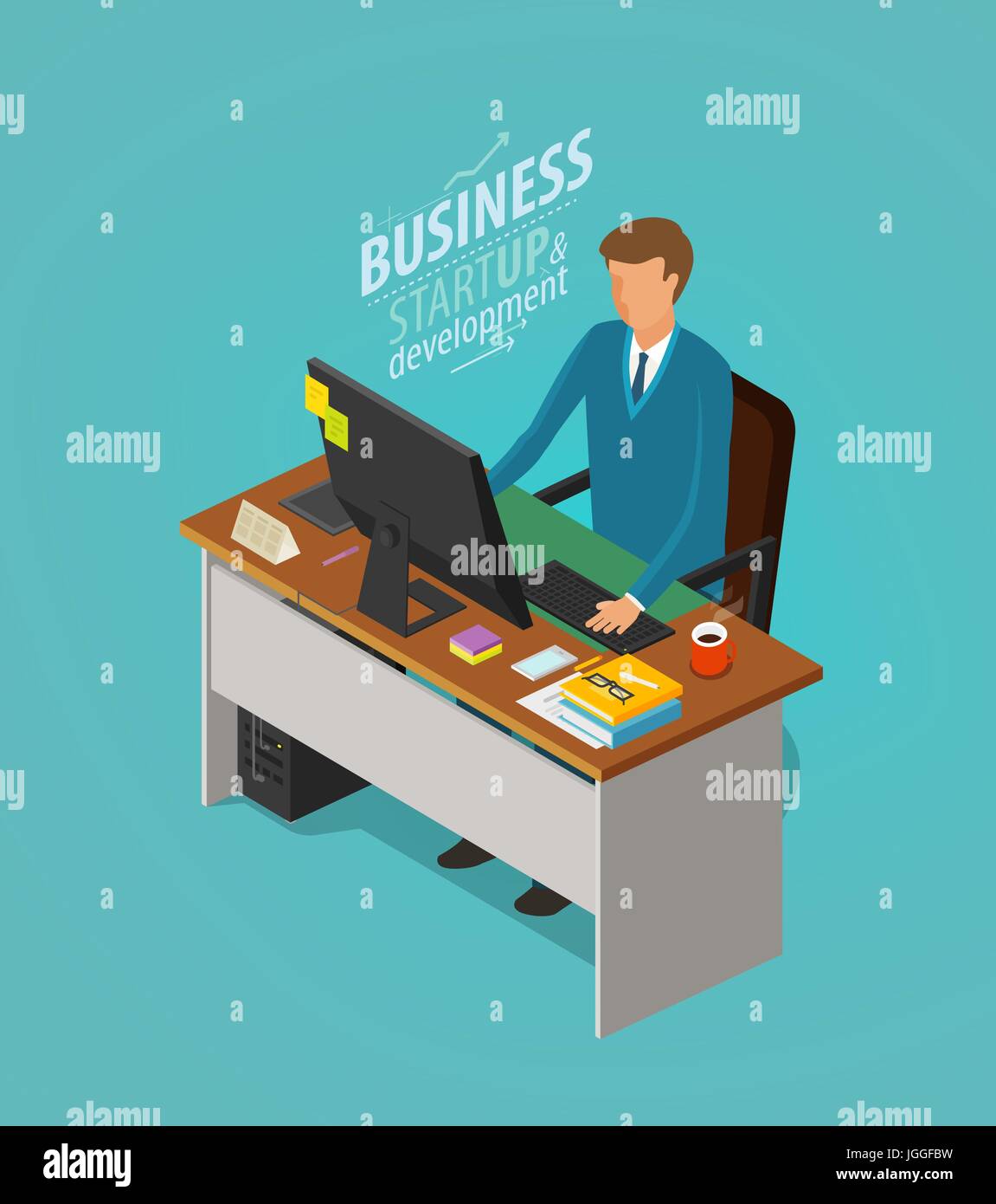 Business-Konzept. Geschäftsmann, Mann, sitzend am Schreibtisch mit ...