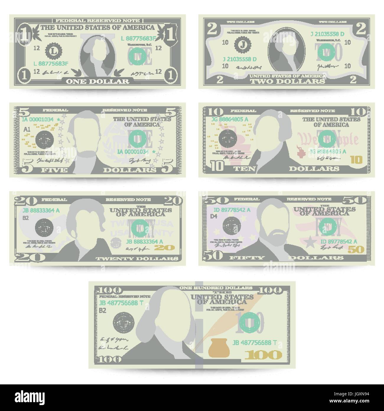 Dollar Banknote Set Vector. Cartoon U.S.-Währung. Vorderseite des ...