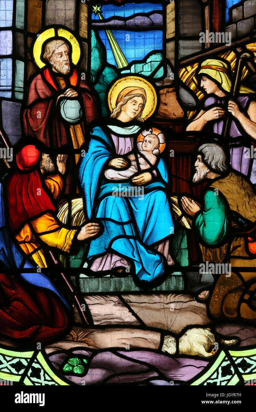 St-Paul-Kirche. Glasmalerei-Fenster. Die Geburt von Jesus. Die Anbetung der Hirten. Lyon ...