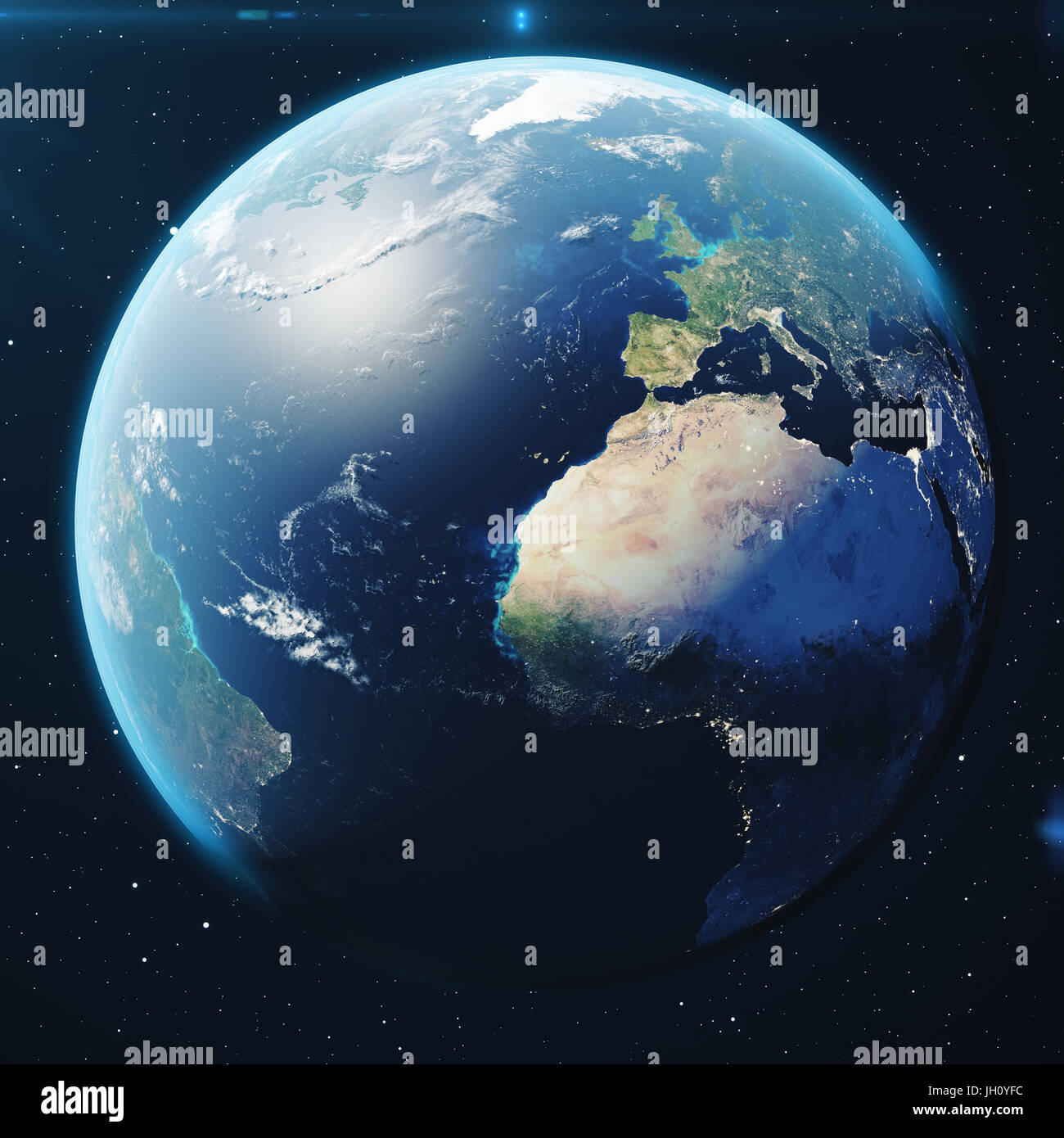 3D Rendering Planet Erde aus dem Weltraum in der Nacht. Die Weltkugel ...