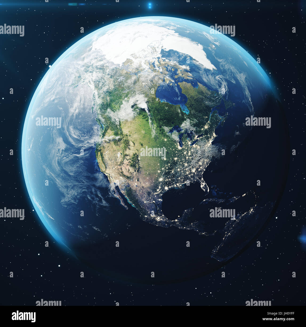 3D Rendering Planet Erde aus dem Weltraum in der Nacht. Die Weltkugel ...