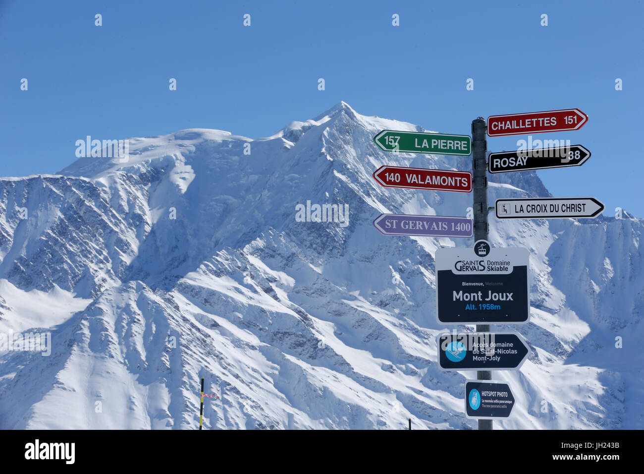 Französische Alpen. Mont-Blanc-Massiv. Wegweiser auf den Ski-Gebieten ...