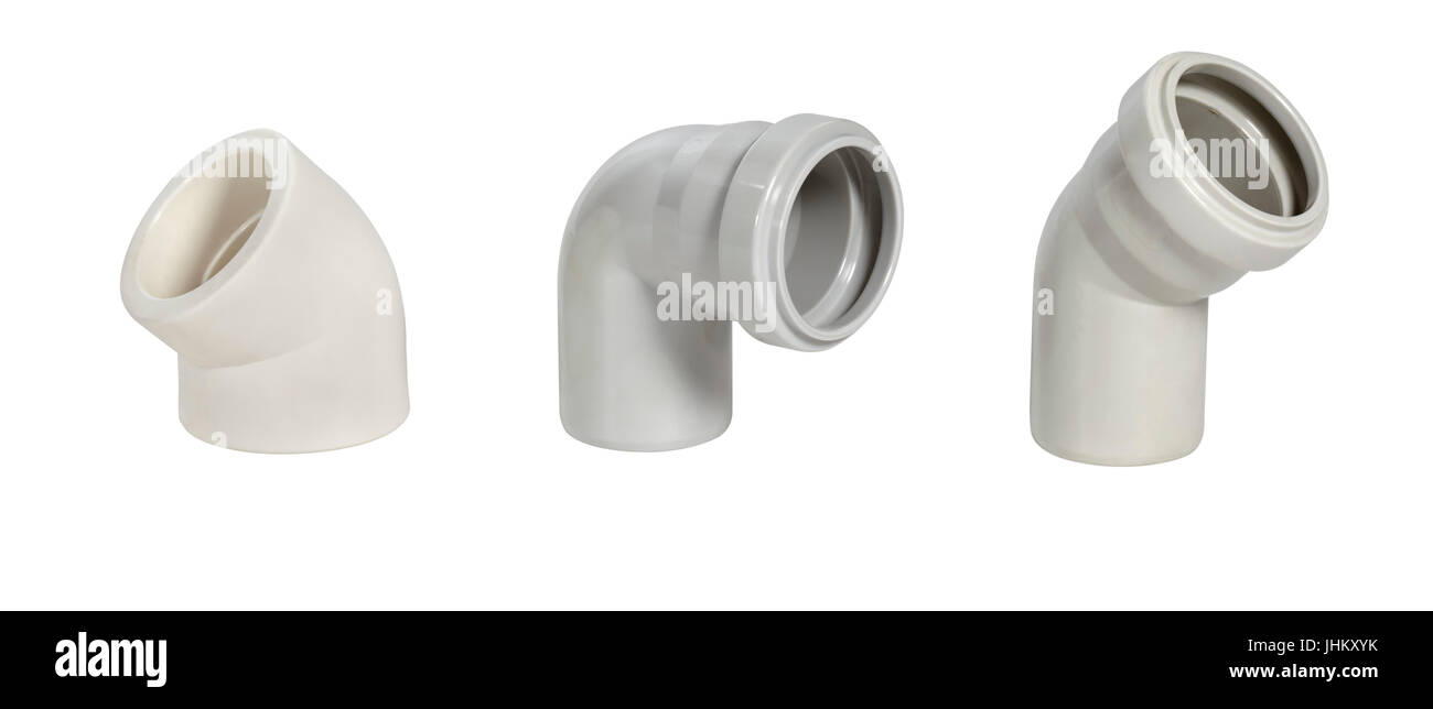Sortierte PVC Abwasser Rohr-Fittings, geschossen auf weiß ...