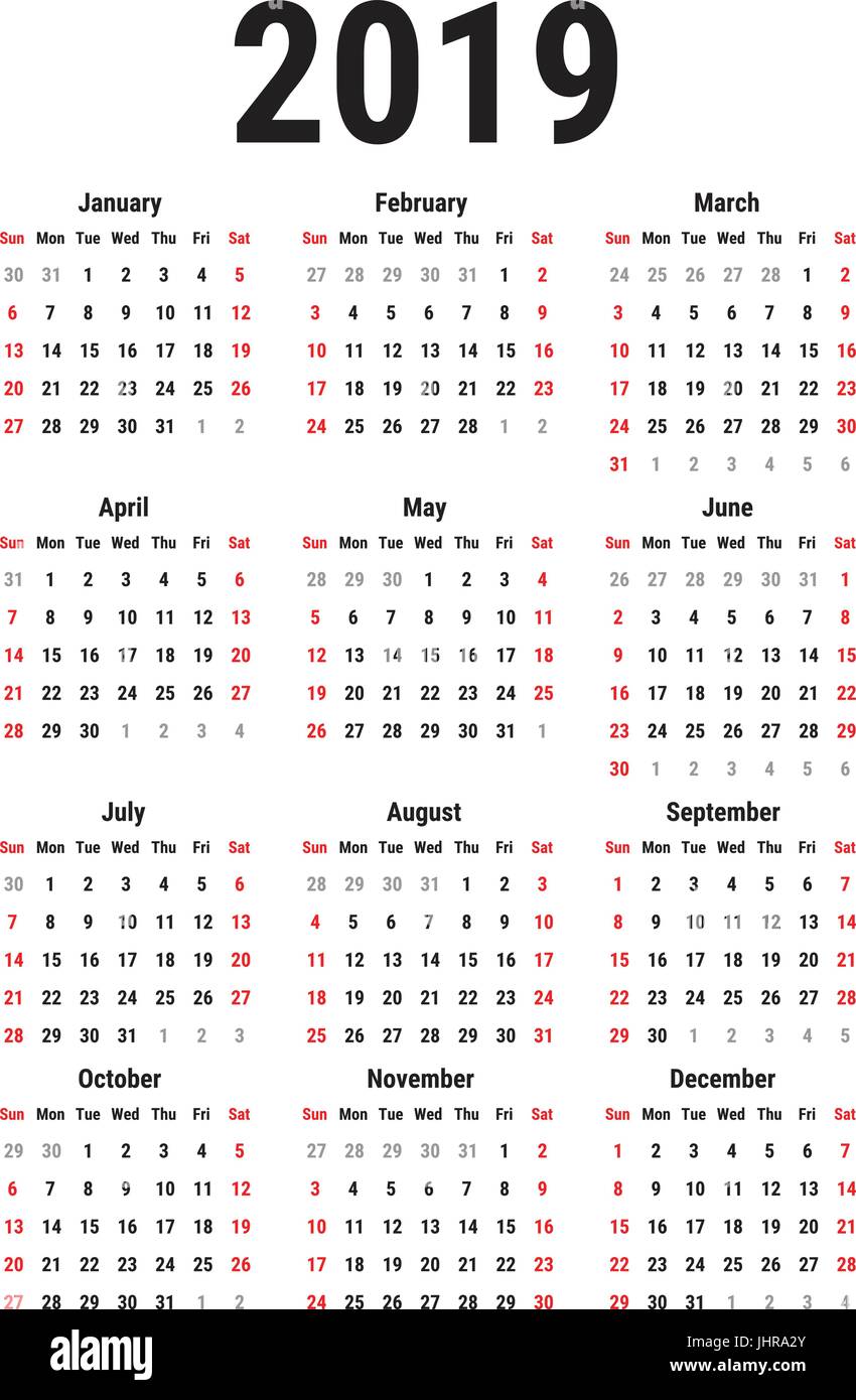 Simple 2019 year calendar Stock-Vektorgrafiken kaufen - Alamy