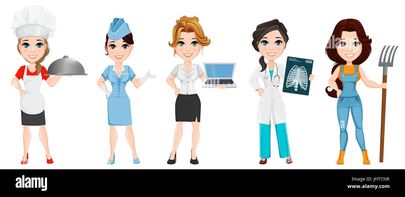 Berufe. Satz von weiblichen Comic-Figuren. Koch, Stewardess ...