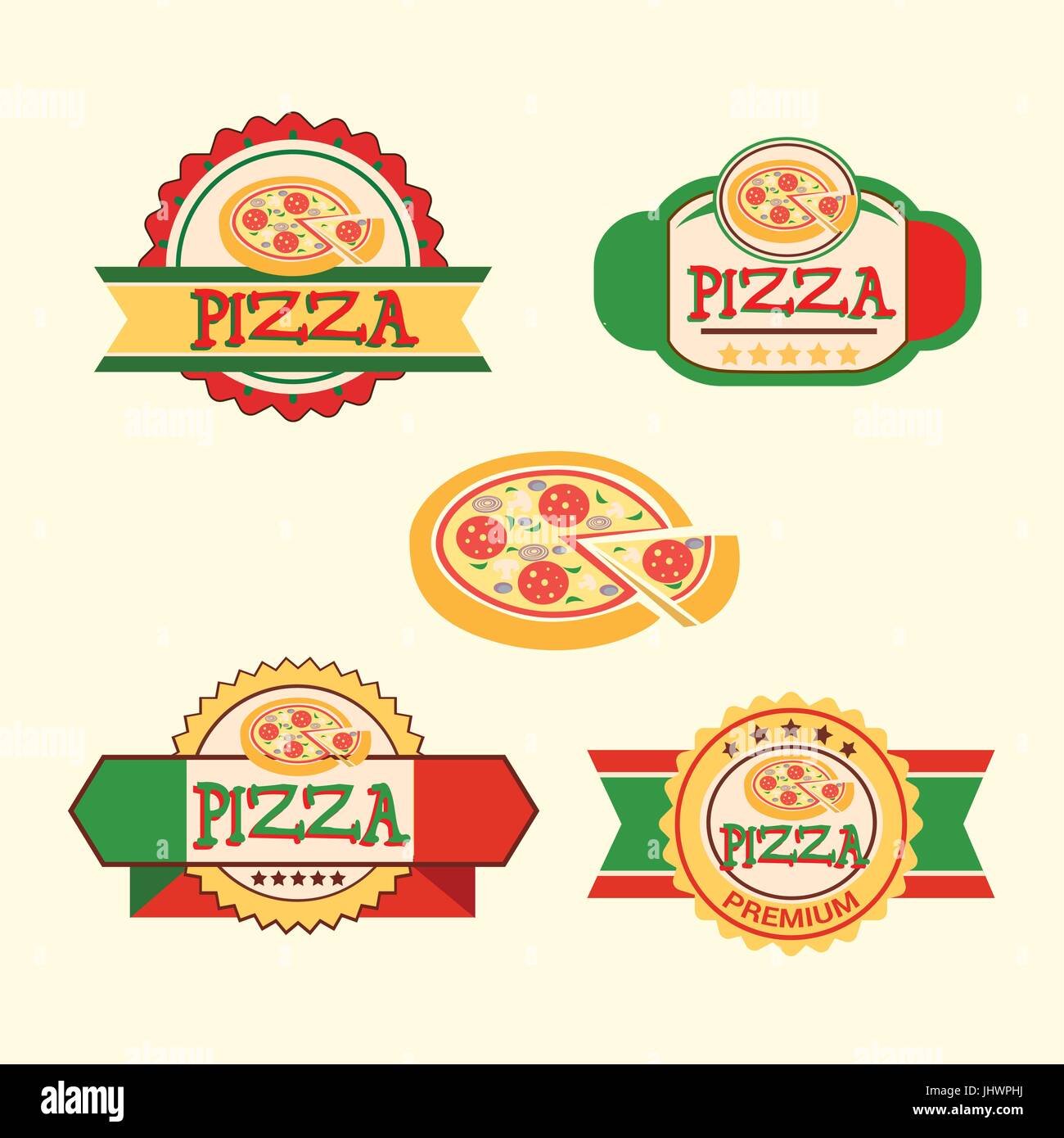 Pizza, Etikett, Logo Pizzeria, Pizzeria oder Café, Vektor Stock ...