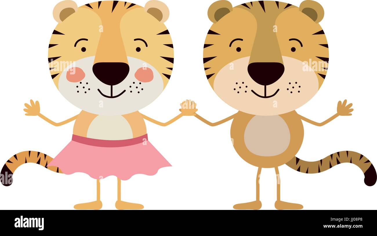 farbenfrohe Karikatur mit paar Tiger Hand in Hand Stock-Vektorgrafik ...