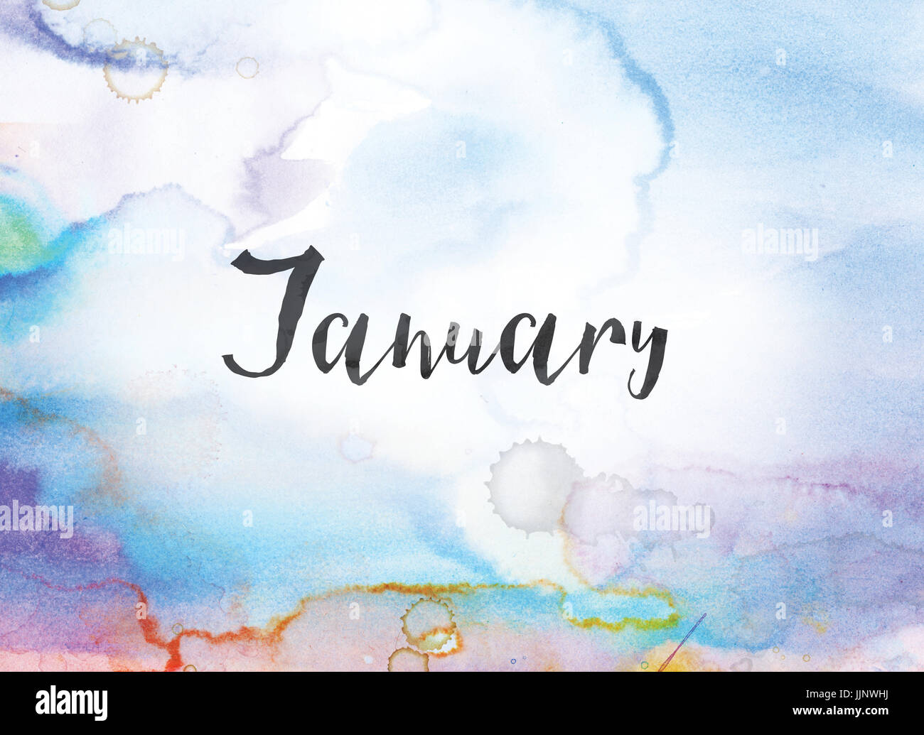 Das Wort Januar Konzept und Design in schwarzer Tinte auf einem bunt ...