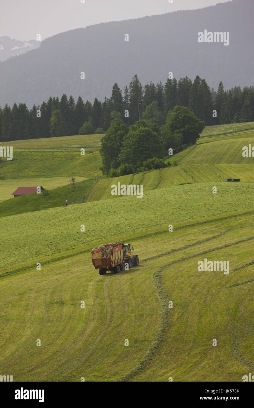 Deutschland, Bayern, Wildsteig, Frühling Felder und Traktor auf die ...