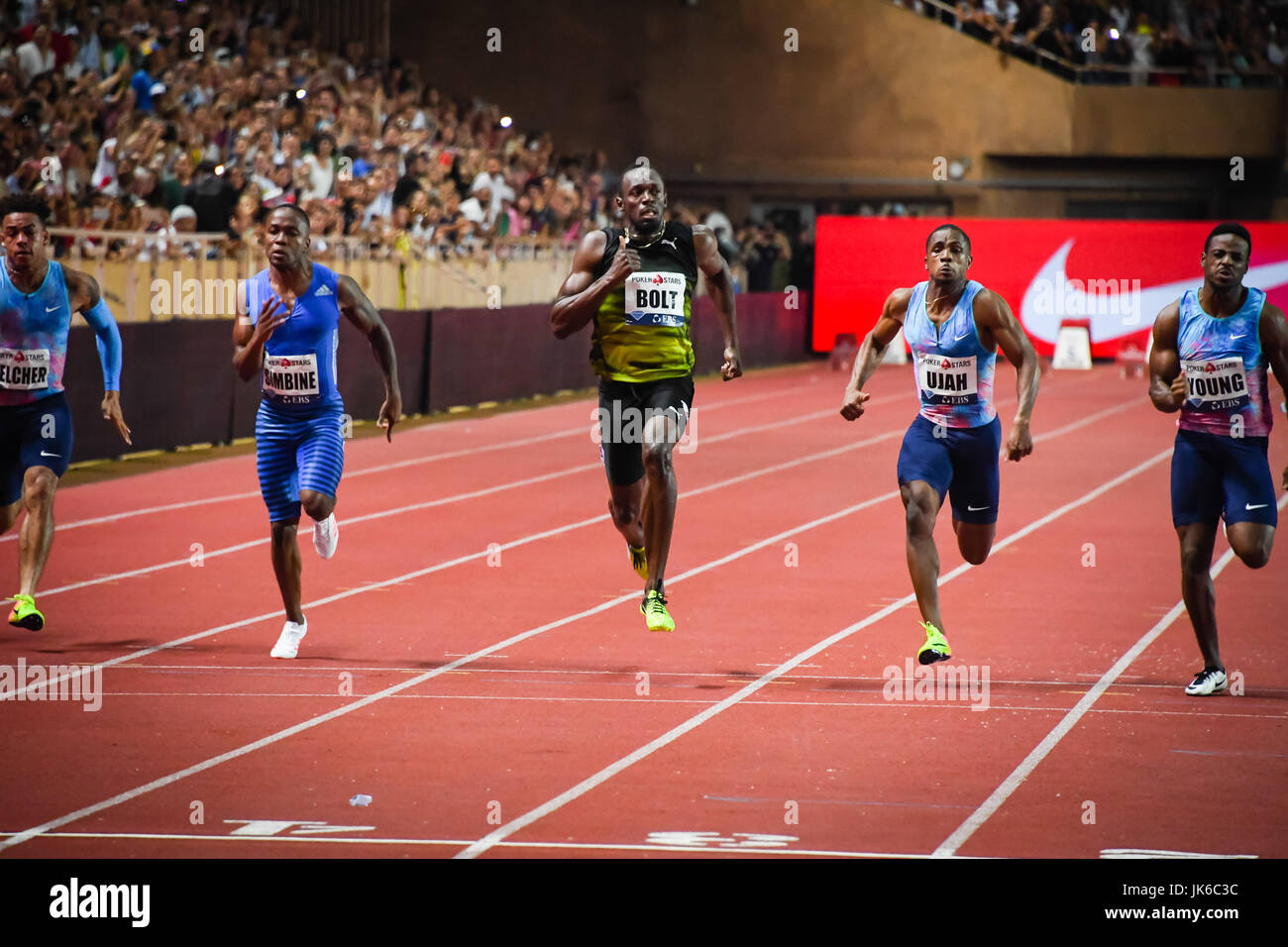 Fontvieille, Monaco. 21. Juli 2017. Usain Bolt (C) konkurriert die ...