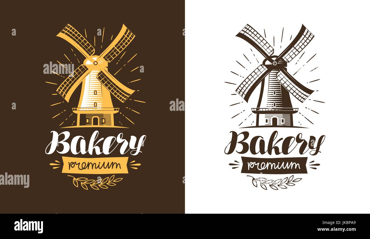 Mühle, Windmühle Logo oder Label. Bäckerei, Backhaus, Brot-Symbol ...