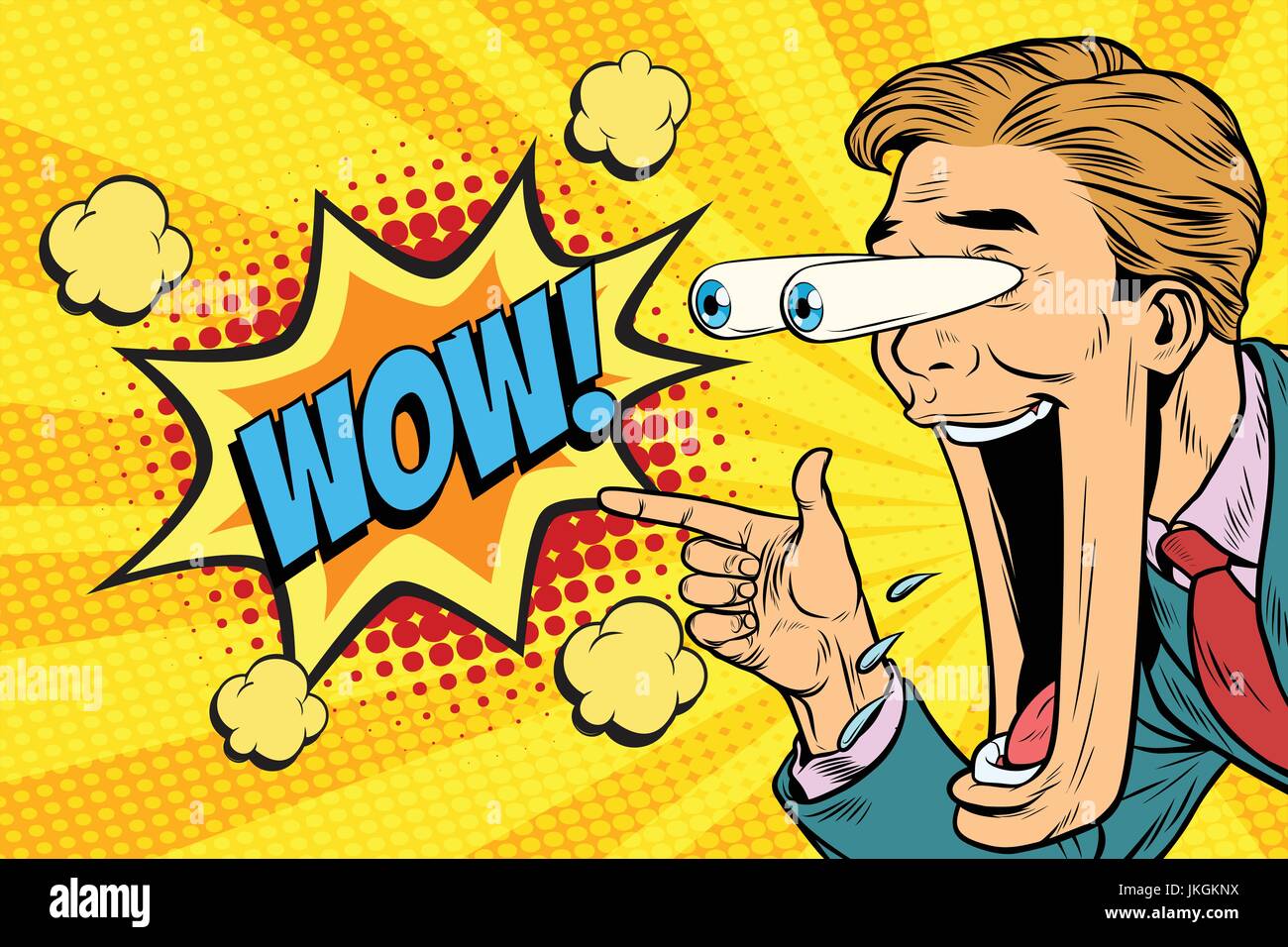 Hyper expressive Reaktion Cartoon Wow Mann Gesicht, großen Augen und ...