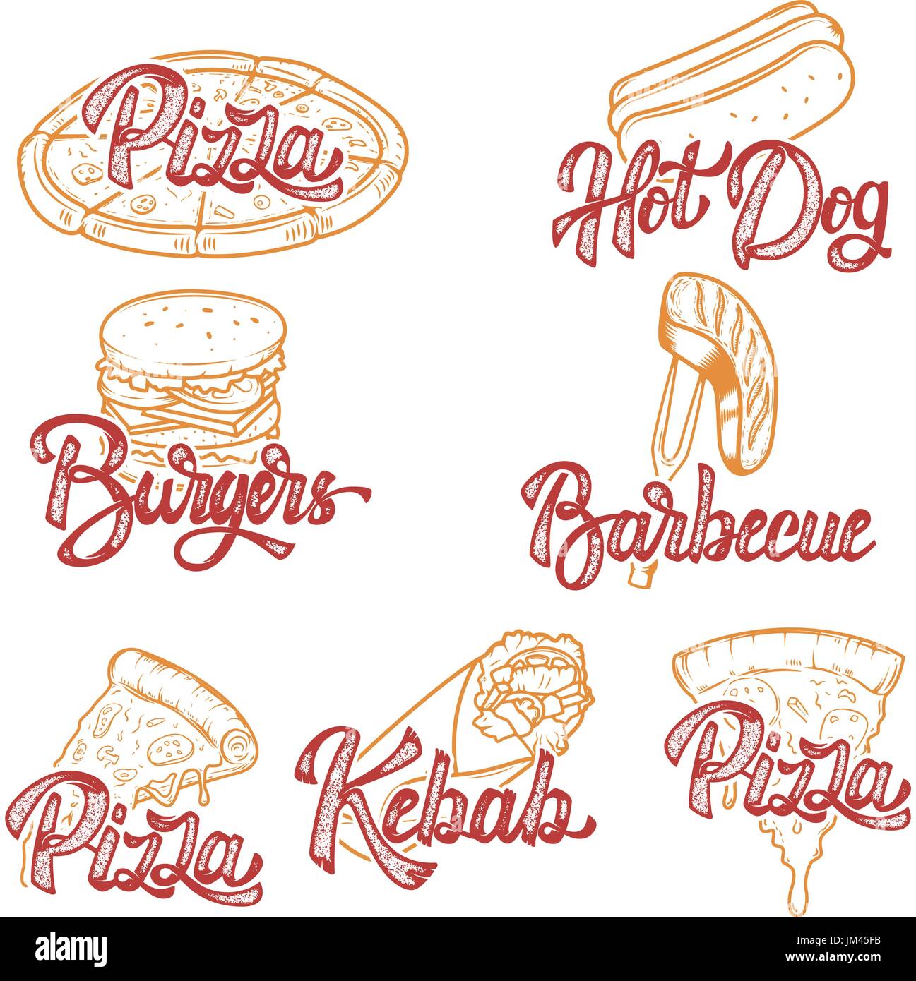 Pizza, Grill, Kebab, Hot-Dog, Hamburger. Satz von Hand gezeichnet-Fast ...