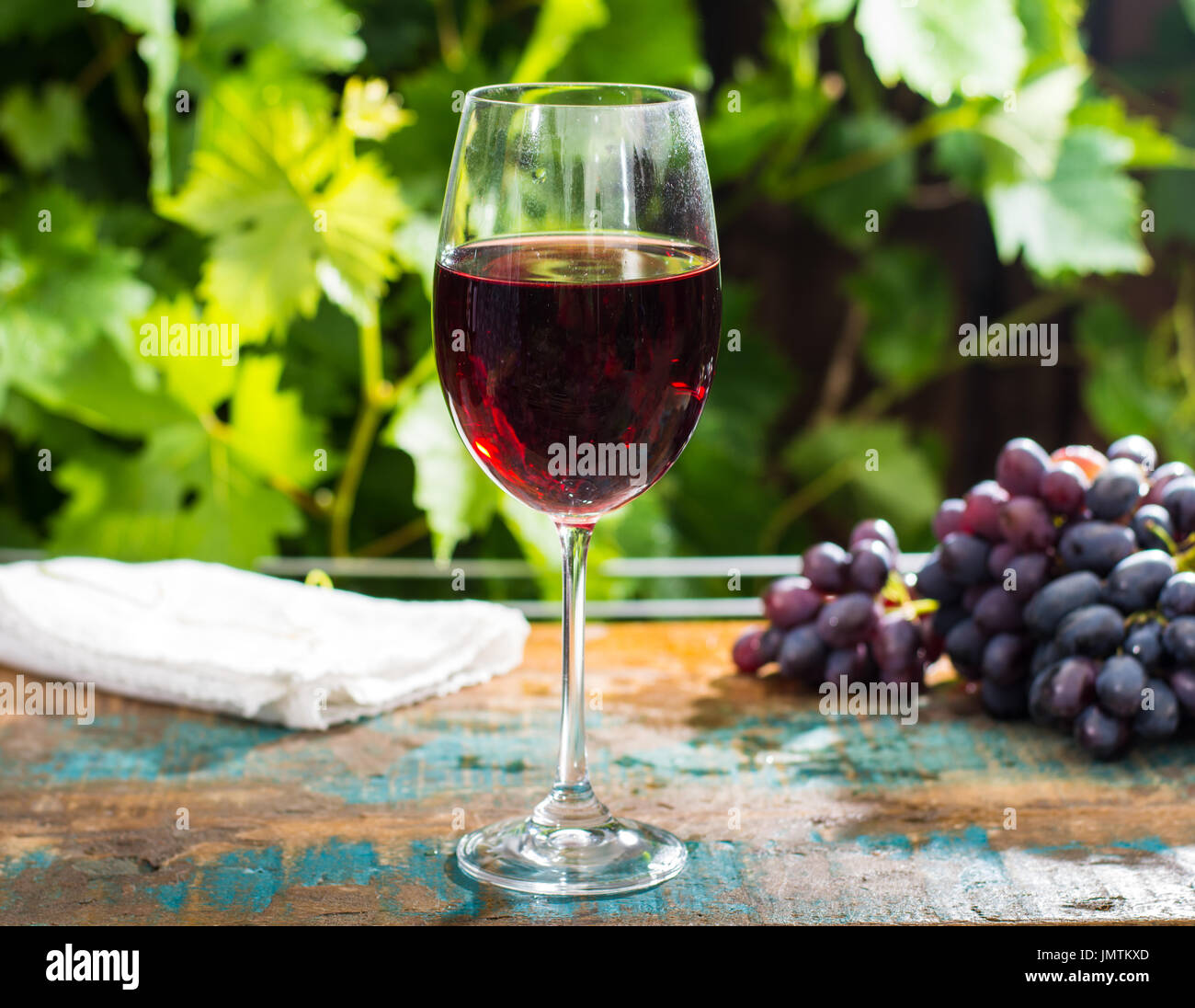 Weinglas mit Rotwein, Außenterrasse, Weinprobe in sonniger Tag, grüne ...