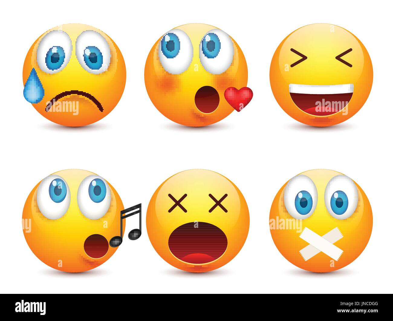 Smiley mit blauen Augen, Emoticon-Satz. Gelbes Gesicht mit Emotionen ...