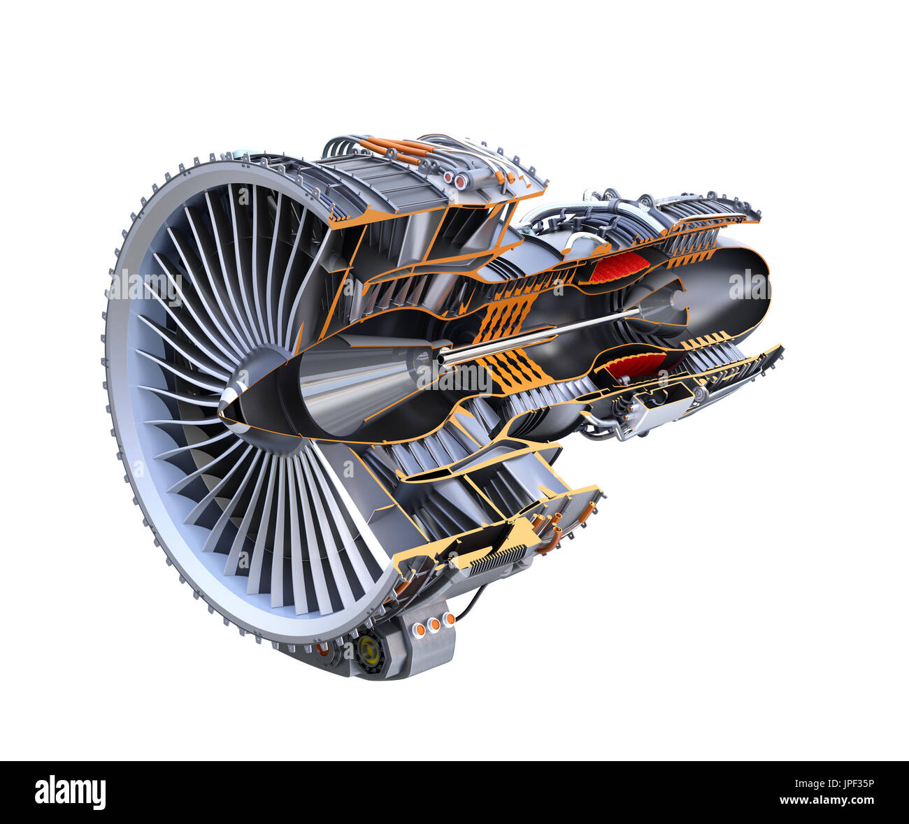 Querschnitt der Turbofan-Triebwerk isoliert auf weißem Hintergrund. 3D ...