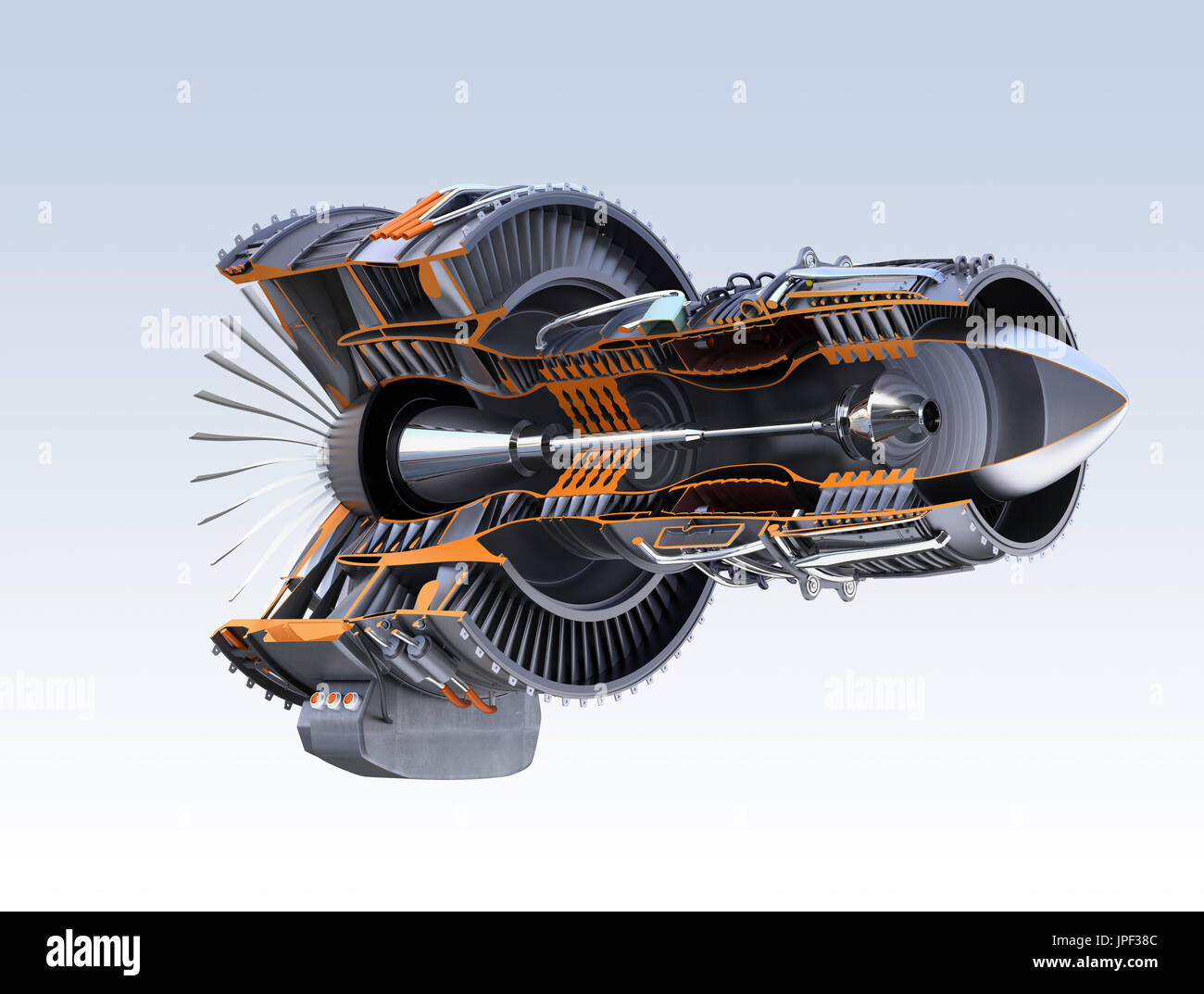 Querschnitt der Turbofan-Triebwerk isoliert auf weißem Hintergrund. 3D ...