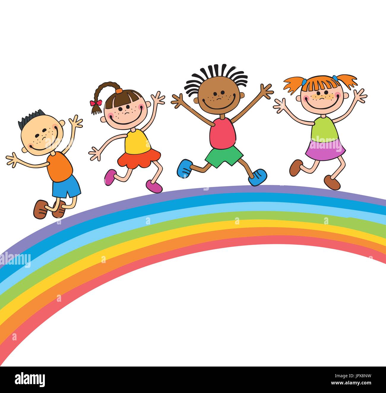 Kinder springen vor Freude auf einer Wiese unter Regenbogen, bunten ...