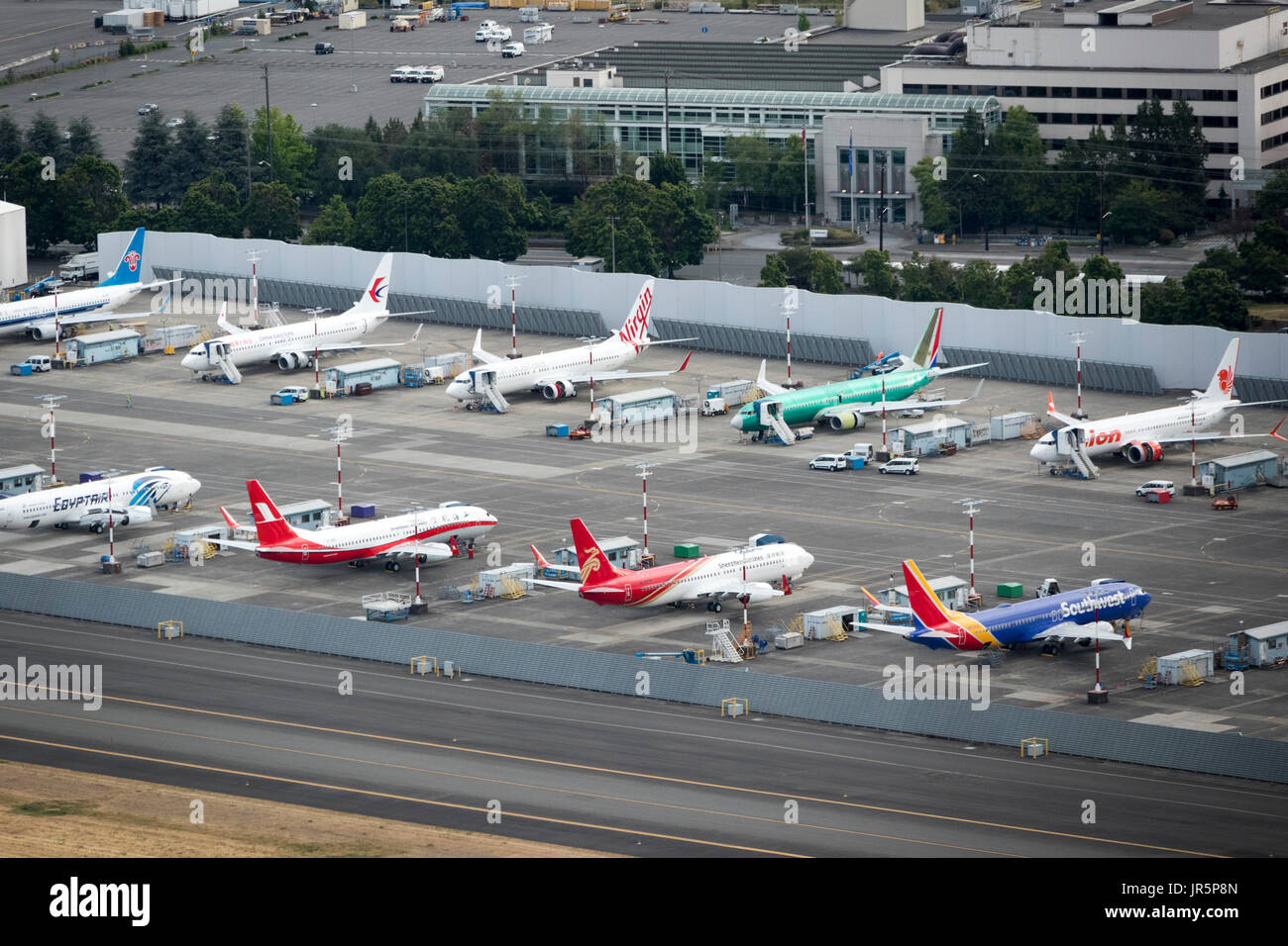 Luftaufnahme von Boeing 737-Flugzeuge im Bau bei Boeing Field, Seattle ...