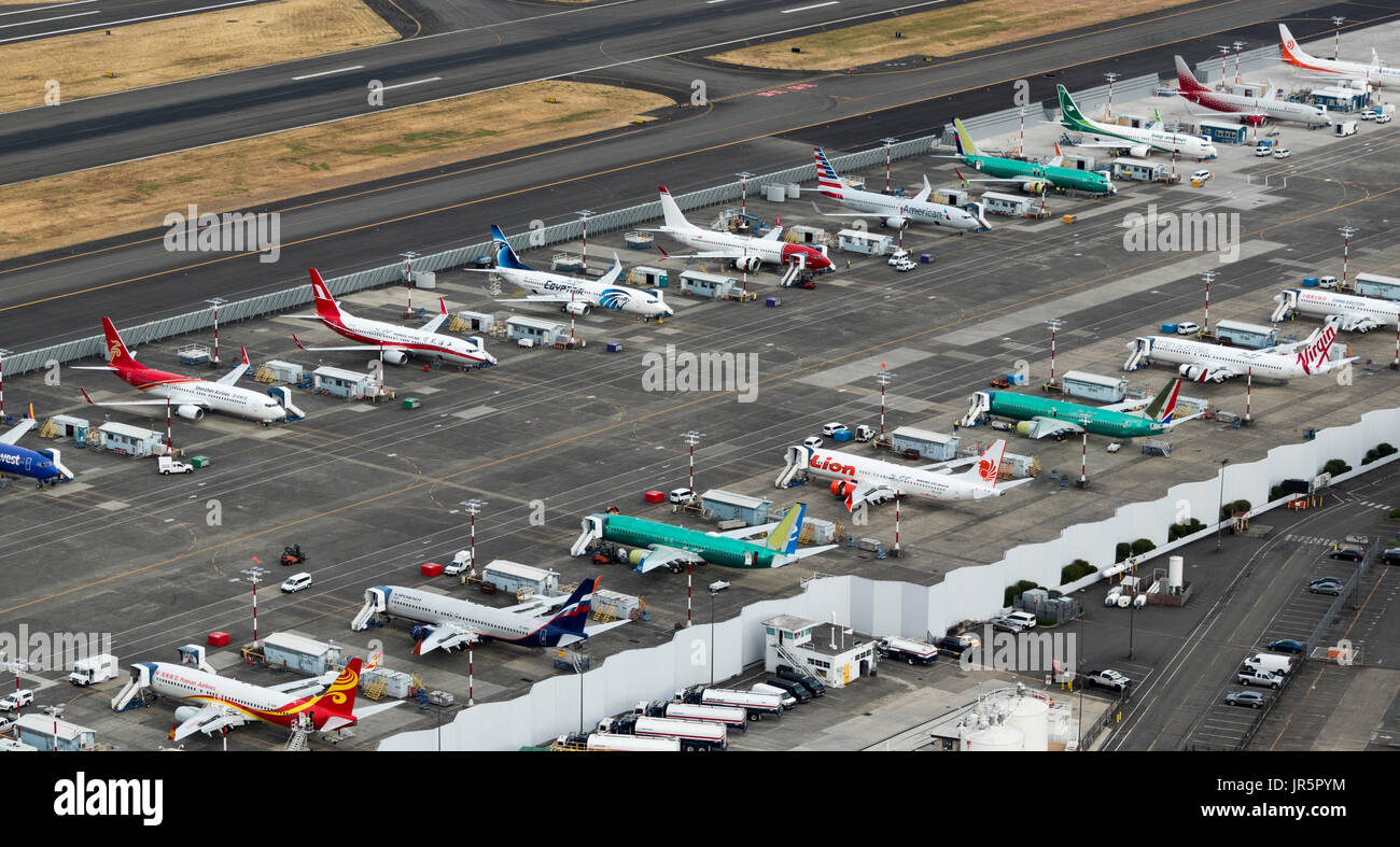 Luftaufnahme von Boeing 737-Flugzeuge im Bau bei Boeing Field, Seattle ...