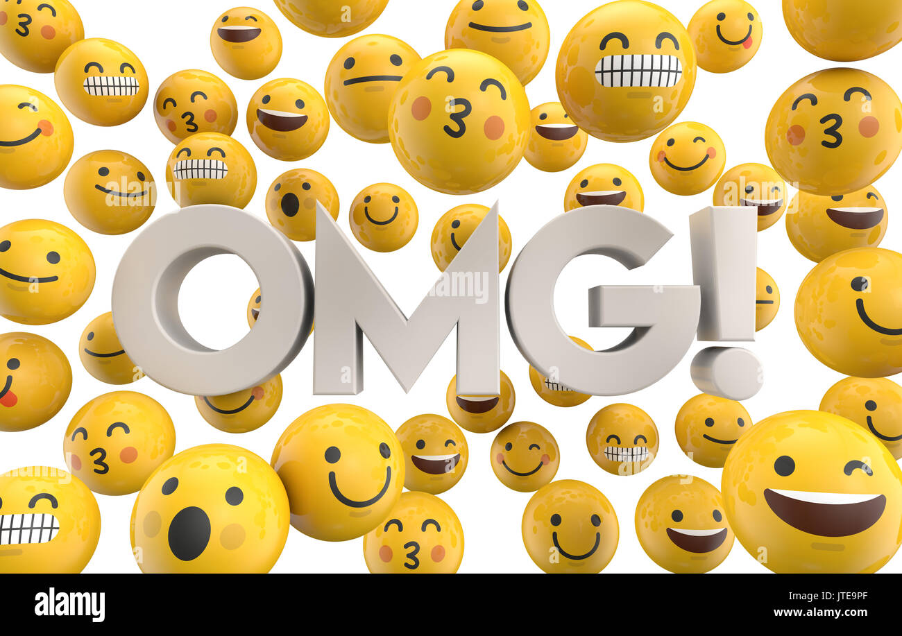 Satz von emoji Emoticon zeichen Gesichter mit dem Wort OMG, 3D ...