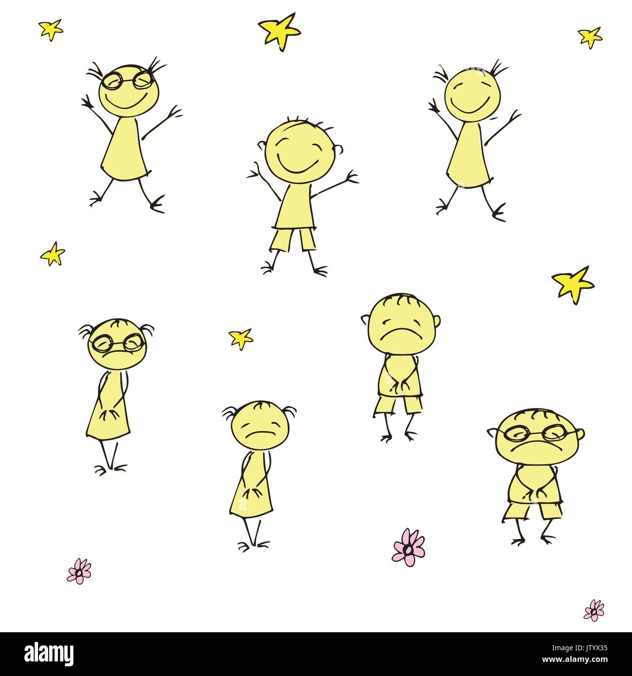 Lustig und traurig Doodle Kinder, Hand gezeichnet, Vector Illustration ...