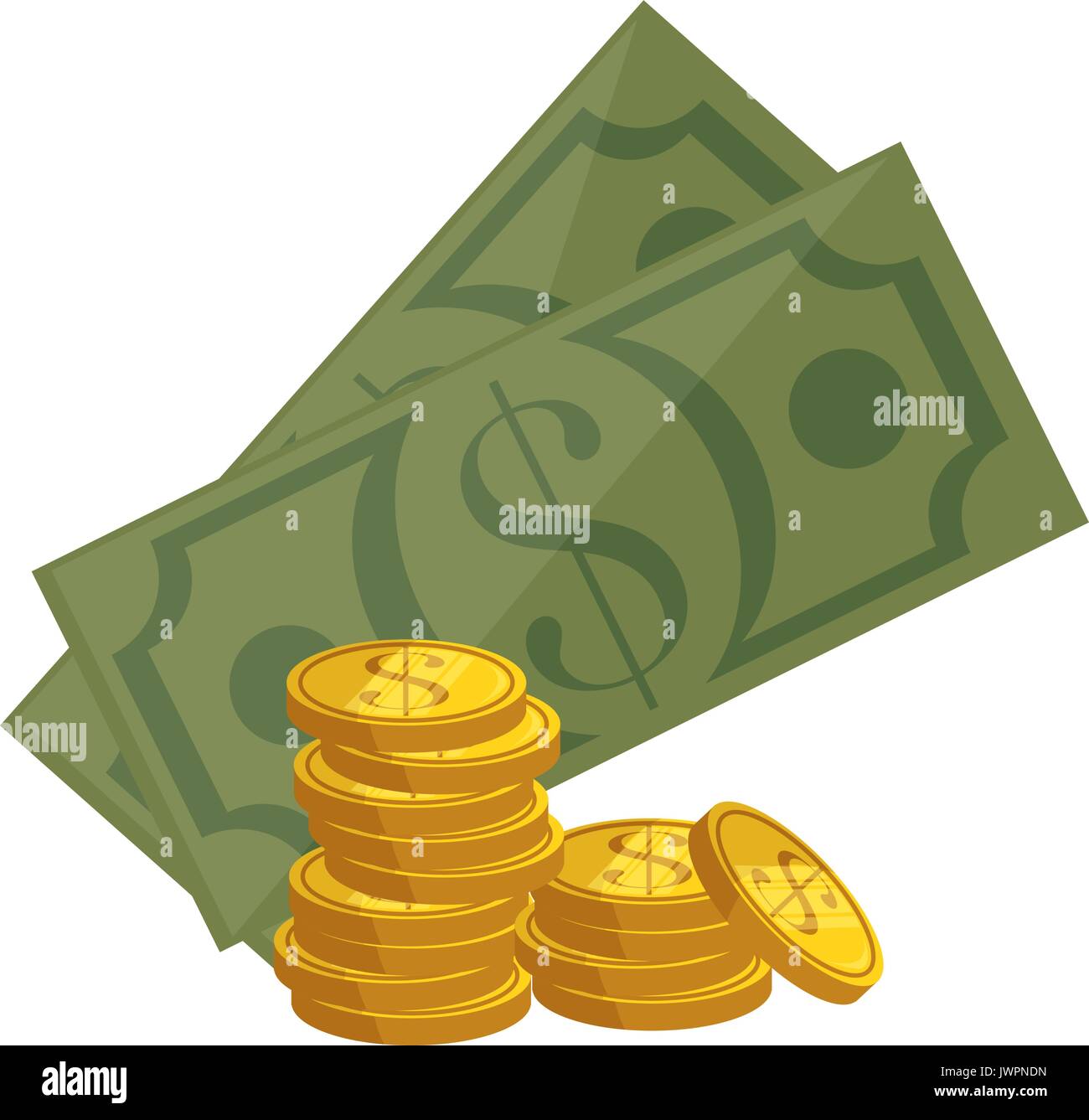 Geld Münzen und Geldscheine Symbol auf weißem Hintergrund Vector ...