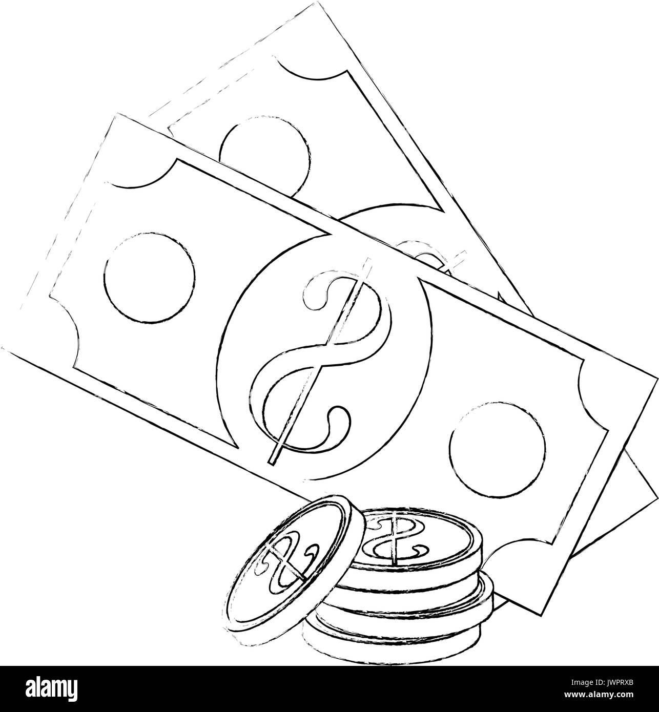 Geld Münzen und Geldscheine Symbol auf weißem Hintergrund Vector ...