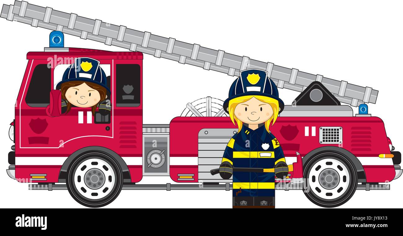 Cute Cartoon Feuerwehrmann - Feuerwehrmann mit Fire Engine Vector ...