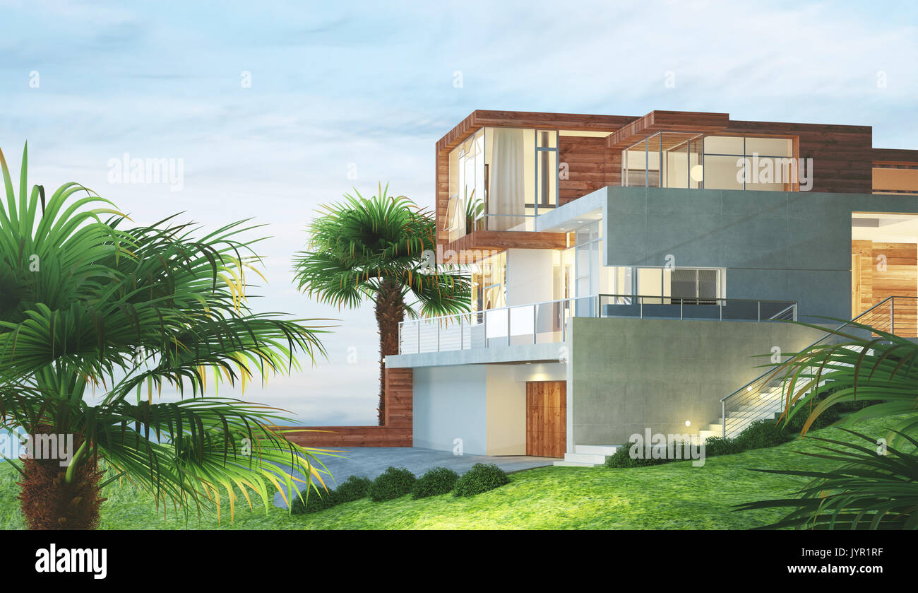 Modernes neues Haus mit Palmen und Aussicht, 3D-Rendering illustration ...